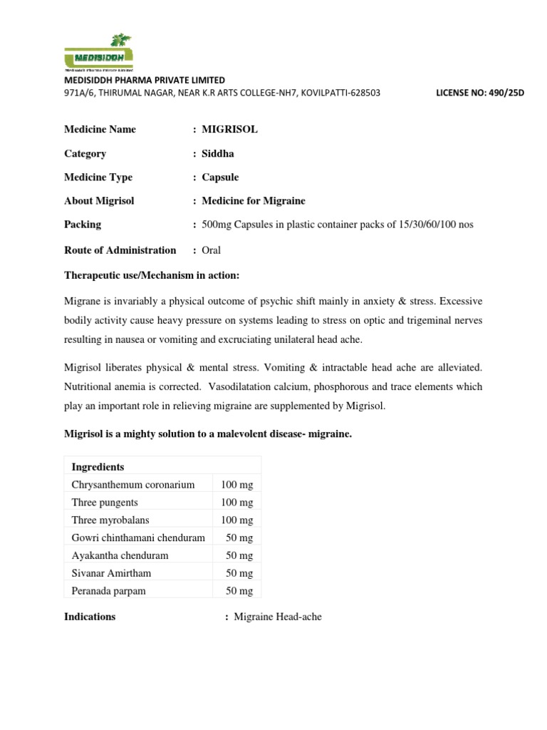 Migrisol Capsule | PDF | Migraine | Headache