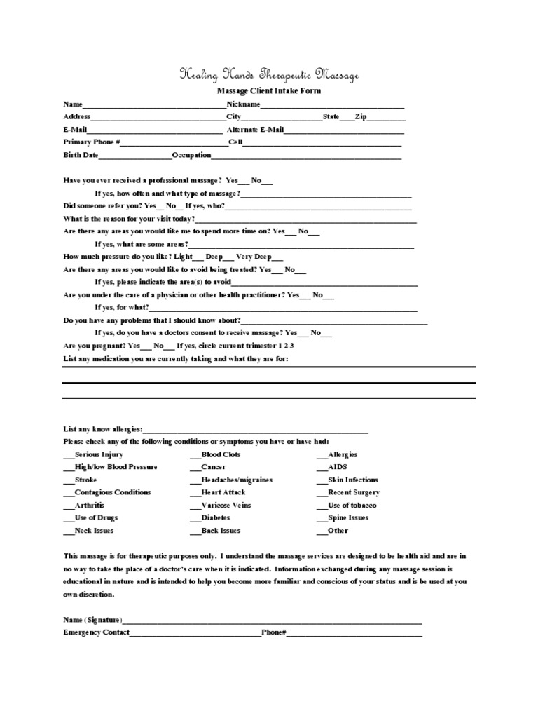 Massage Client Intake Form Template | PDF | Career & Growth | Finance ...