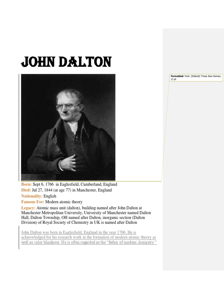 John Dalton: Born: Died: Nationality: Famous For: Legacy | PDF