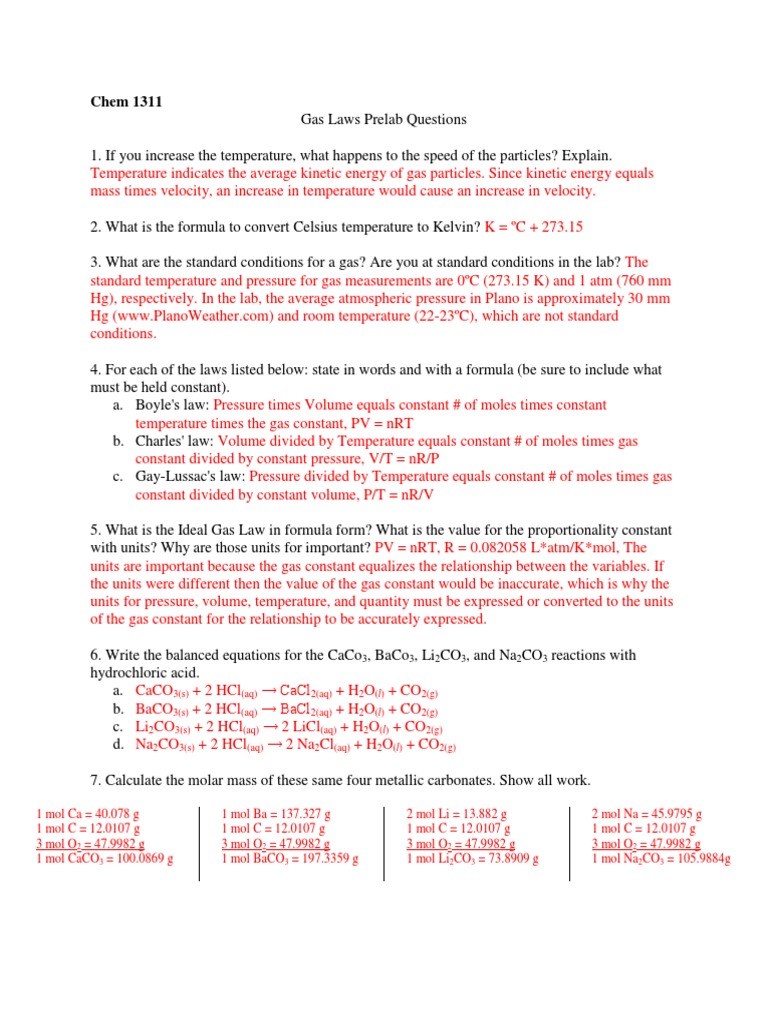 Gas Laws Prelab Questions for Chemistry I | Gases | Mole (Unit)