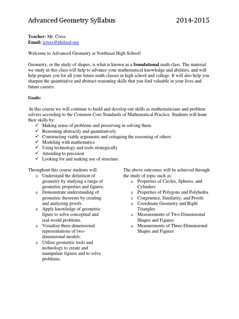 Advanced Geometry Syllabus v1 | PDF | Geometry | Homework