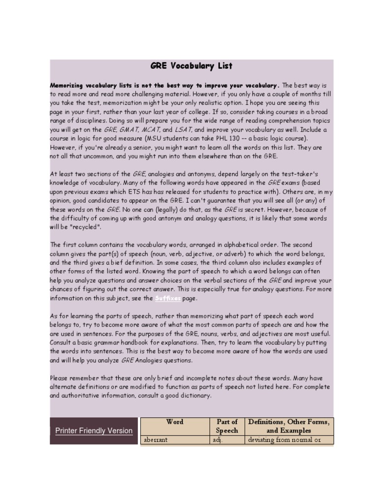GRE Vocabulary List | PDF | Graduate Record Examinations | Part Of Speech
