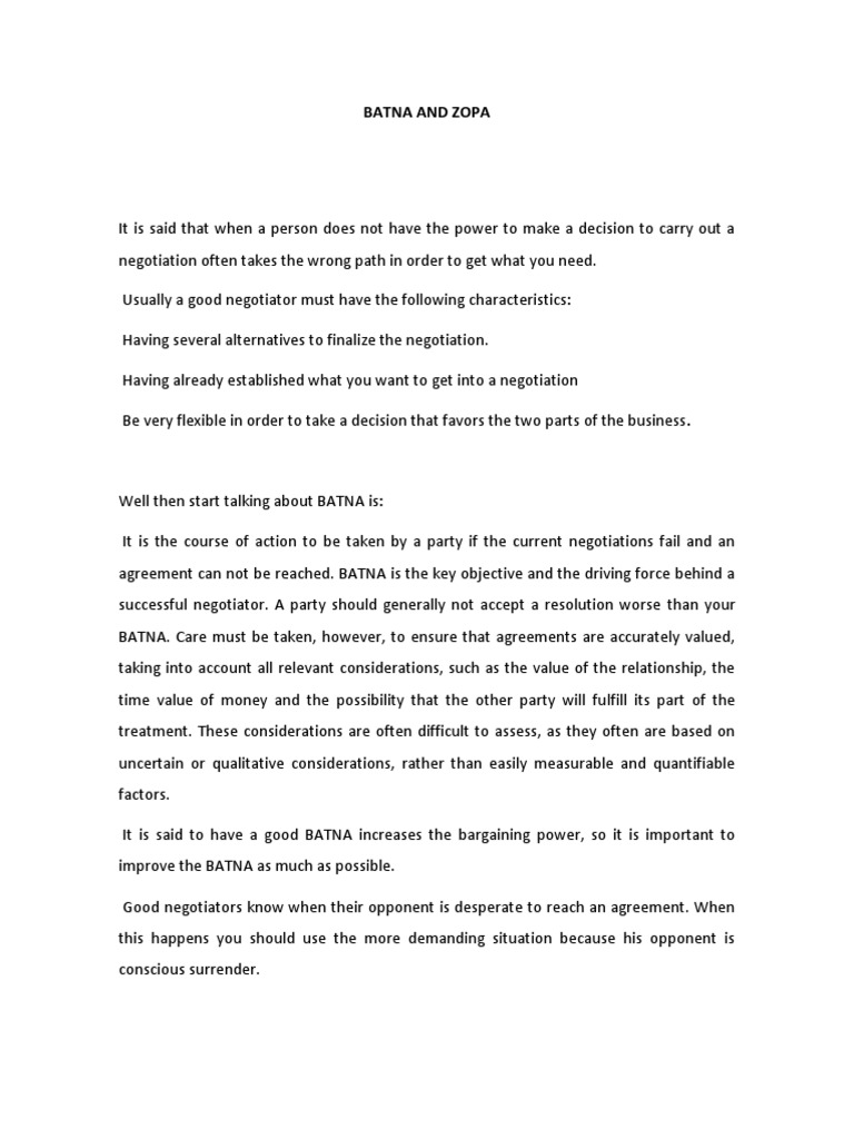Batna and Zopa - Docxinlges | PDF | Negotiation | Psychological Concepts