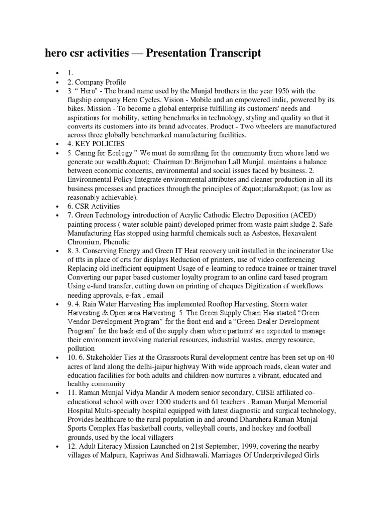 Hero CSR Activities - Presentation Transcript | PDF | Corporate Social ...