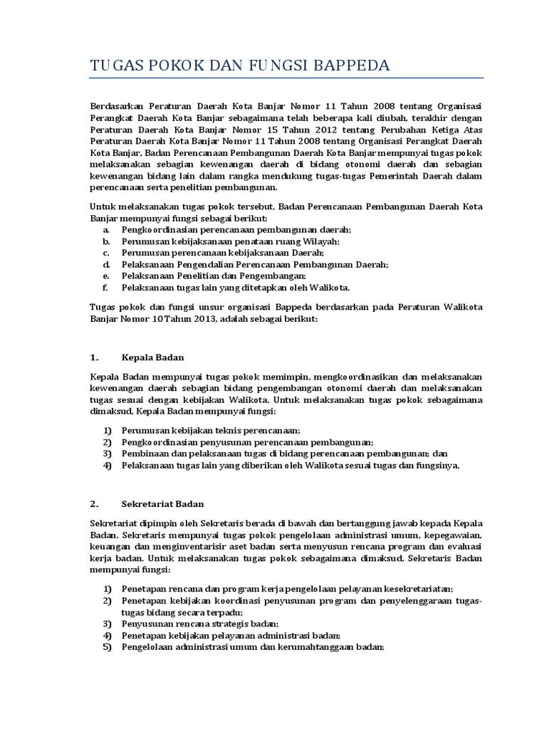 Tugas dan Fungsi Bappeda Kota Banjar | PDF