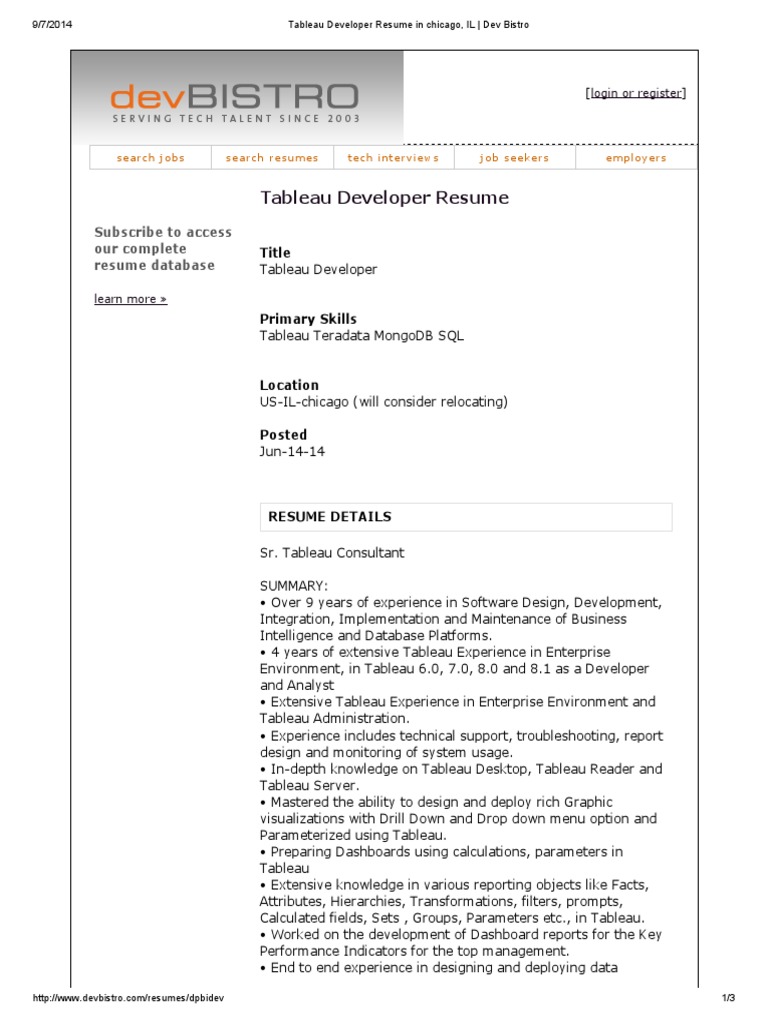 Tableau Developer Resume | PDF | Oracle Database | Databases