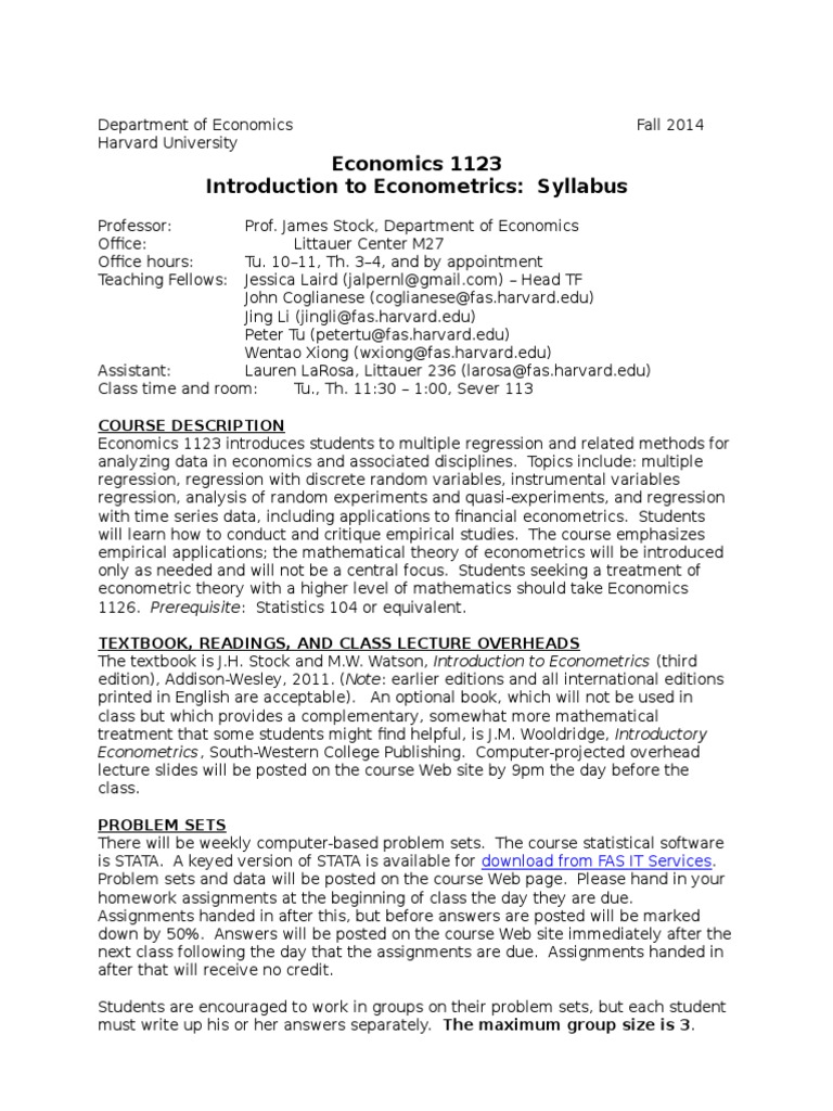Economics 1123 Introduction To Econometrics: Syllabus: Course Description | PDF | Econometrics ...