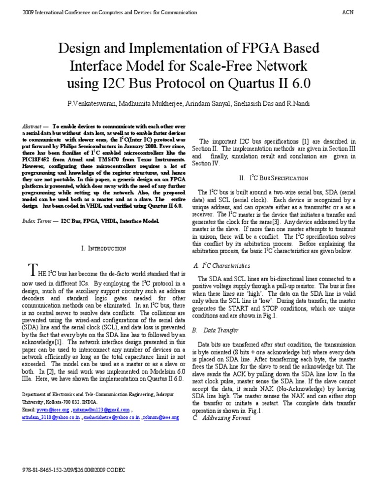 Design and Implementation of FPGA Based Interface Model For Scale-Free Network Using I2C Bus ...