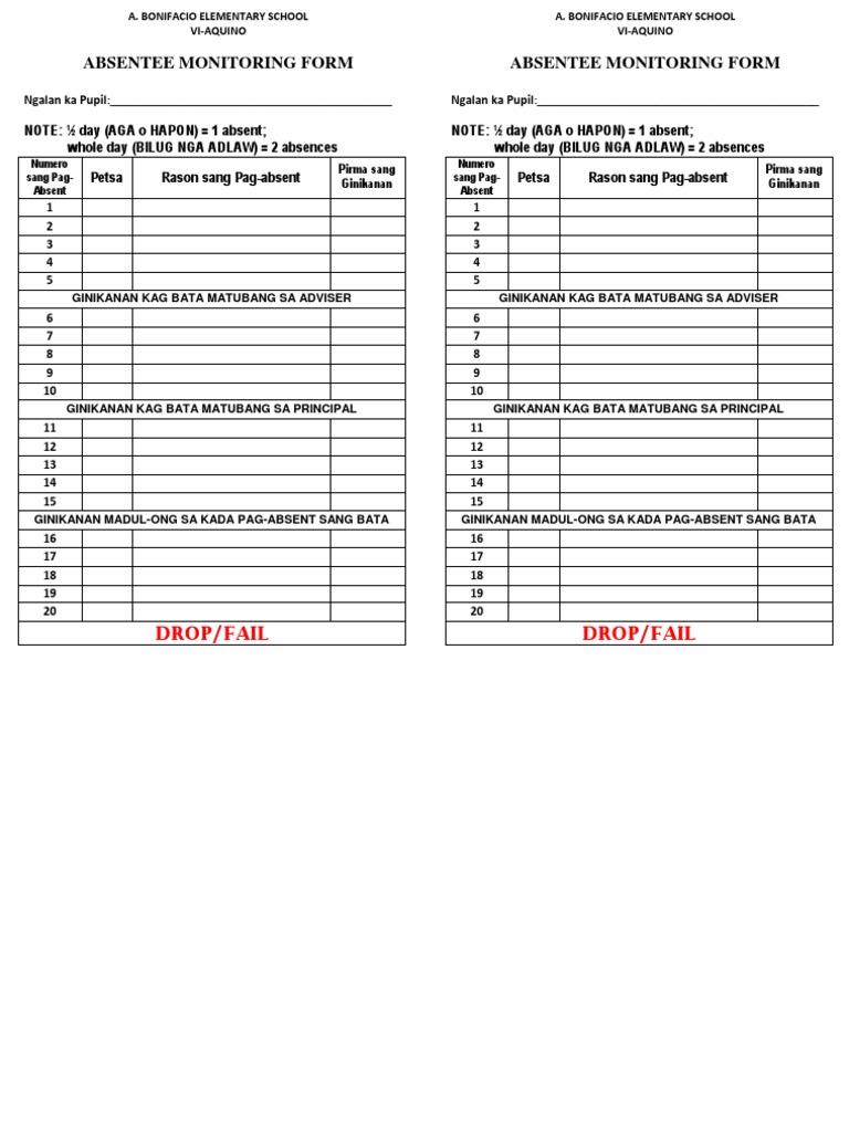 Absentee Monitoring Form Absentee Monitoring Form: Drop/Fail Drop/Fail ...