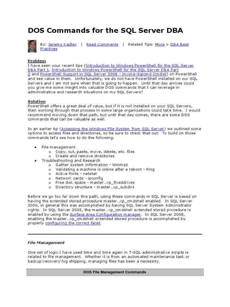 Dos Commands For The Sql Server Dba Pdf Computer File Utility Software