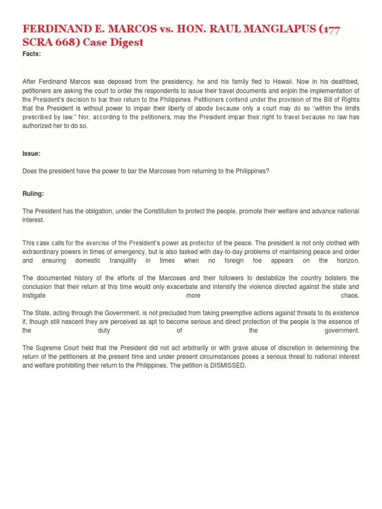 Ferdinand E. Marcos vs. Hon. Raul Manglapus (177 Scra 668) Case Digest ...