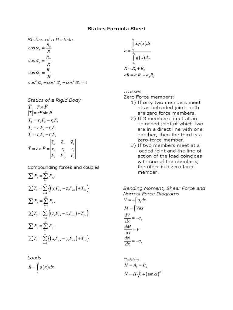 Formula Sheet Statics | PDF | Science & Mathematics