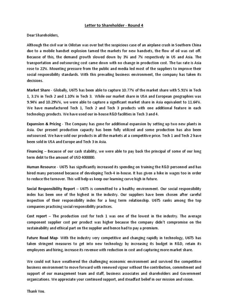 Sample Letter To Shareholder | PDF | Outsourcing | Research And Development