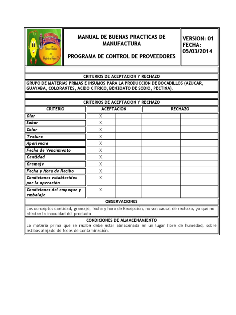Formato de Aceptacion y Rechazo Control de Proveedores | Comida y ...