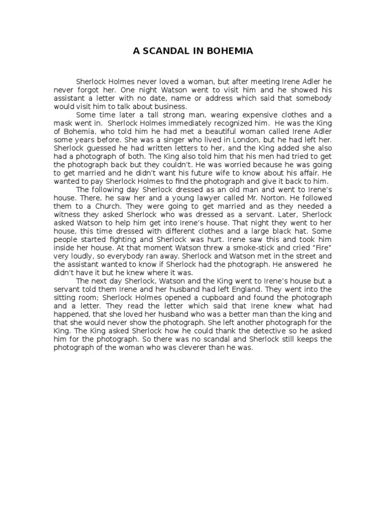 A Scandal in Bohemia - Summary | PDF | Sherlock Holmes | Dr. Watson