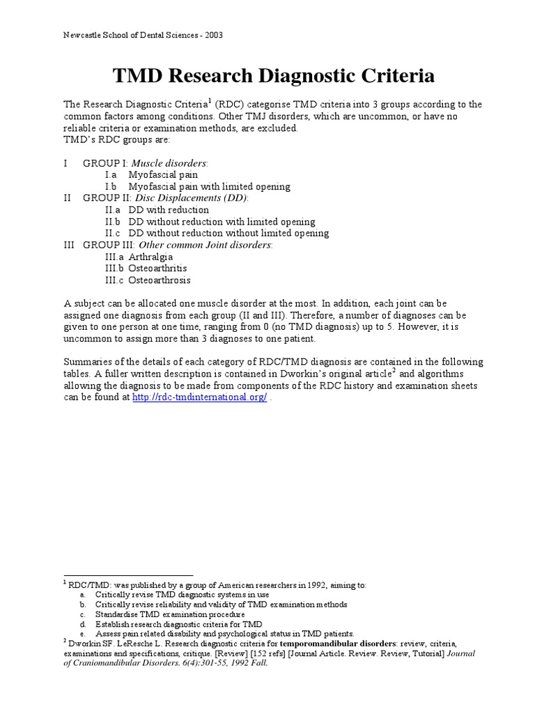TMD Research Diagnostic Criteria | PDF | Medical Diagnosis | Medical ...