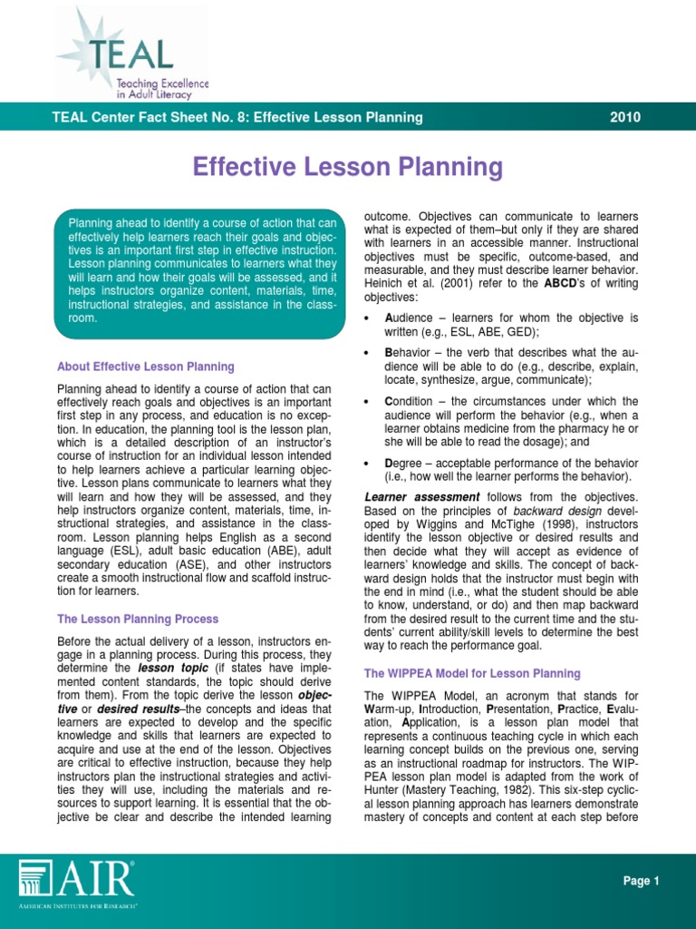 WIPPEA Lesson Planning | Lesson Plan | Adult Education