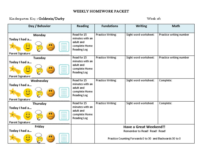 Kindergarten Weekly Homework Packet | PDF