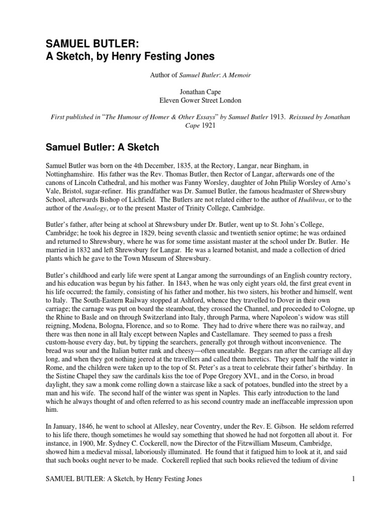 Samuel Butler: A Sketch by Jones, Henry Festing, 1851-1928 | PDF ...