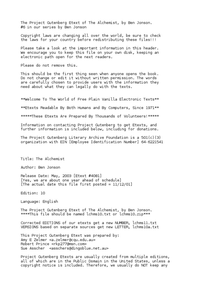 The Alchemist by Jonson, Ben, 1573-1637 | PDF | Ben Jonson | Project ...