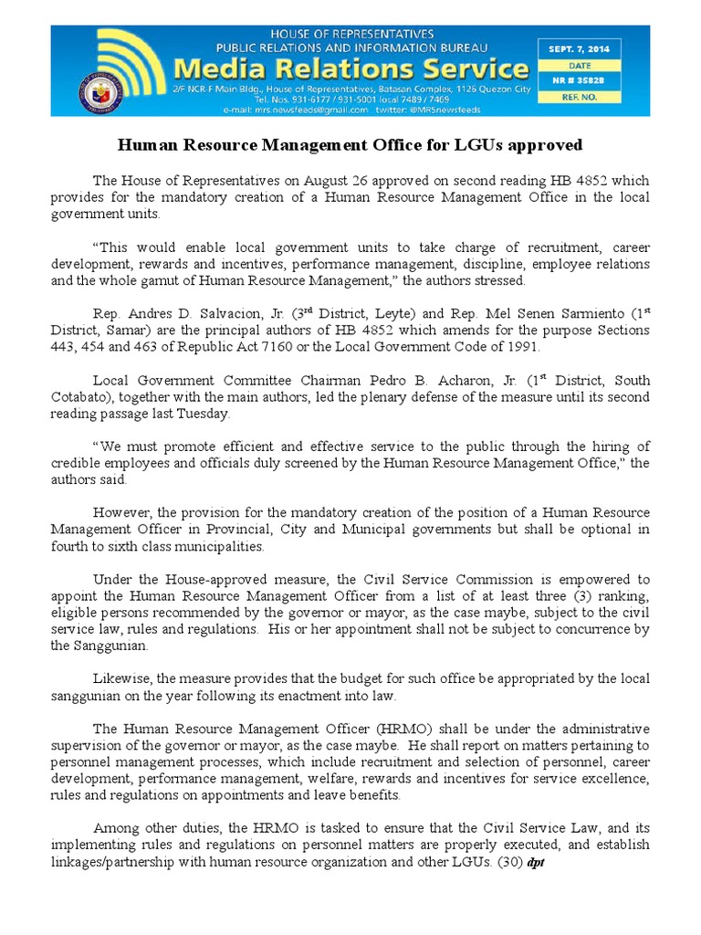Sept07.2014 Bhuman Resource Management Office For LGUs Approved | PDF ...