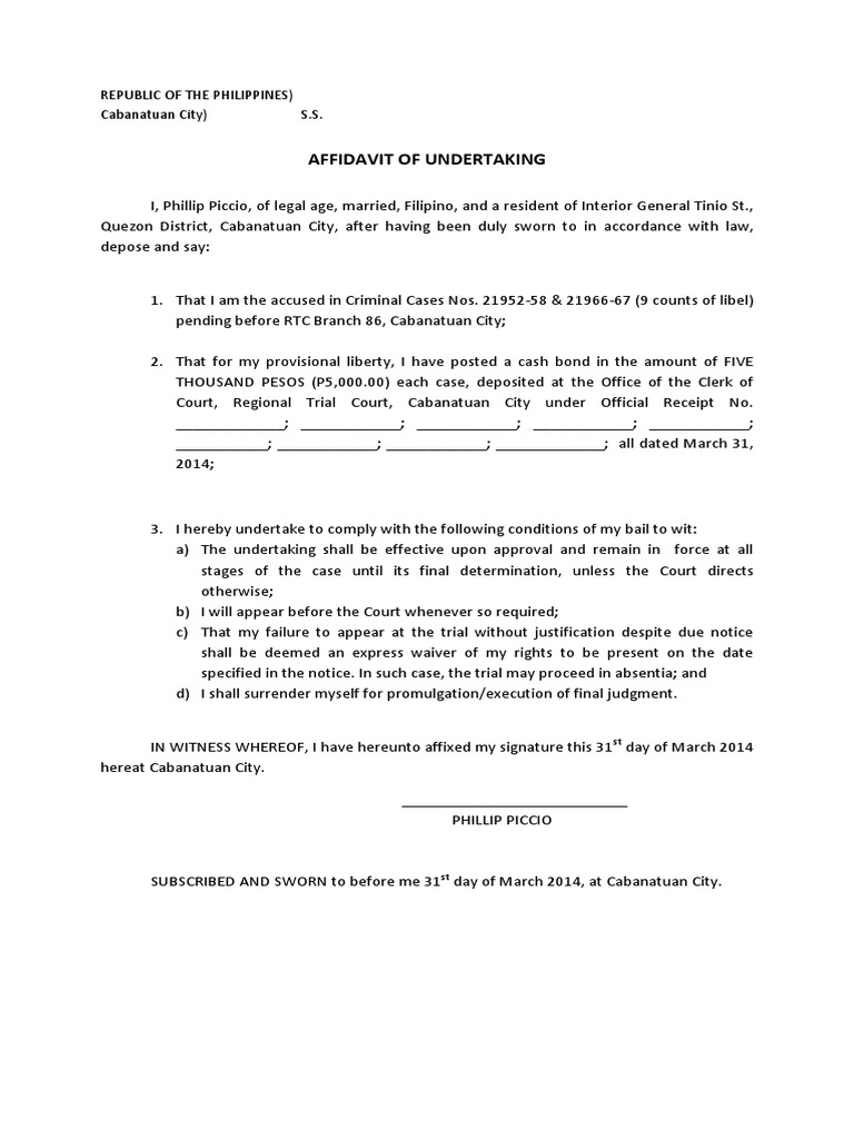 Affidavit of Undertaking for Bail | PDF