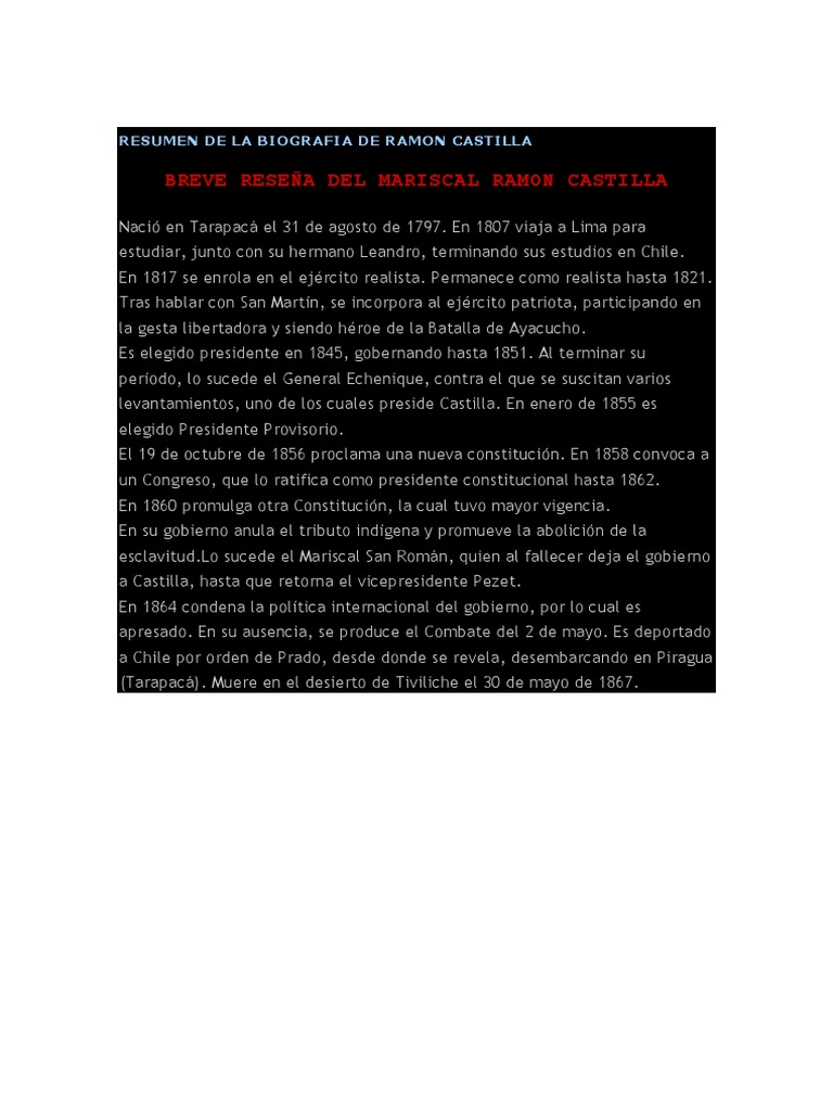 Resumen de La Biografia de Ramon Castilla | PDF | Perú | Agitación