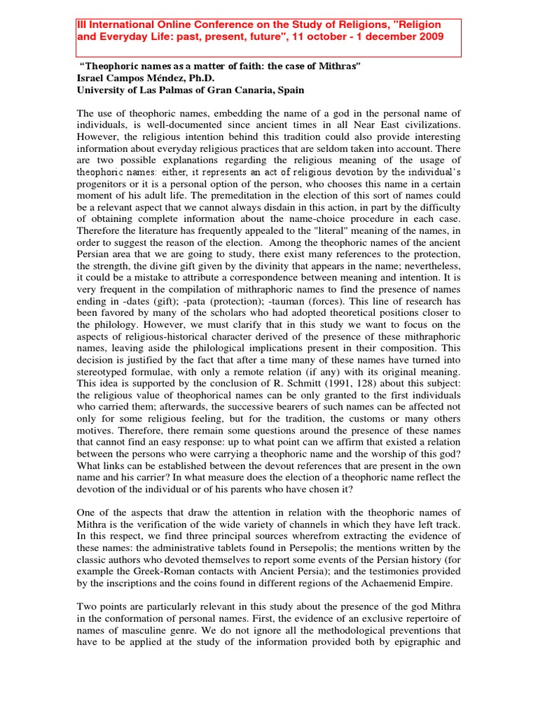 Theophoric Names As A Matter of Faith - Mendez 2009 | PDF | Achaemenid ...
