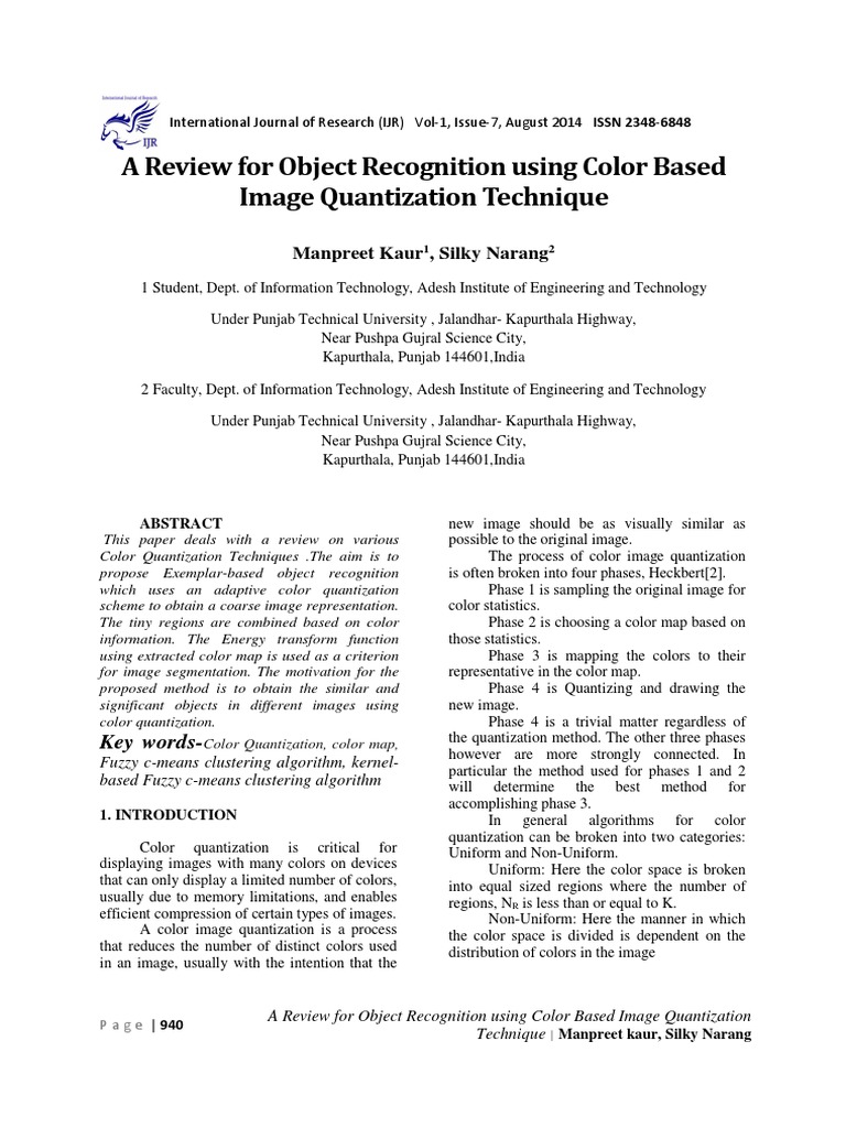 A Review For Object Recognition Using Color Based Image Quantization Technique Manuscript Pdf 9046