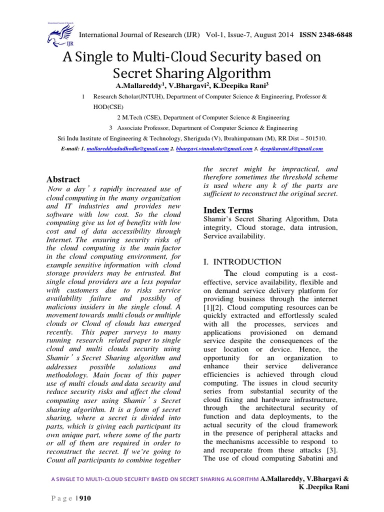 A Single To Multi-Cloud Security Based On Secret Sharing Algorithm by A.mallareddy, V.bhargavi ...