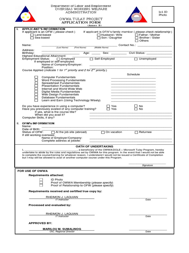 Application Form - OWWA IT Program | PDF