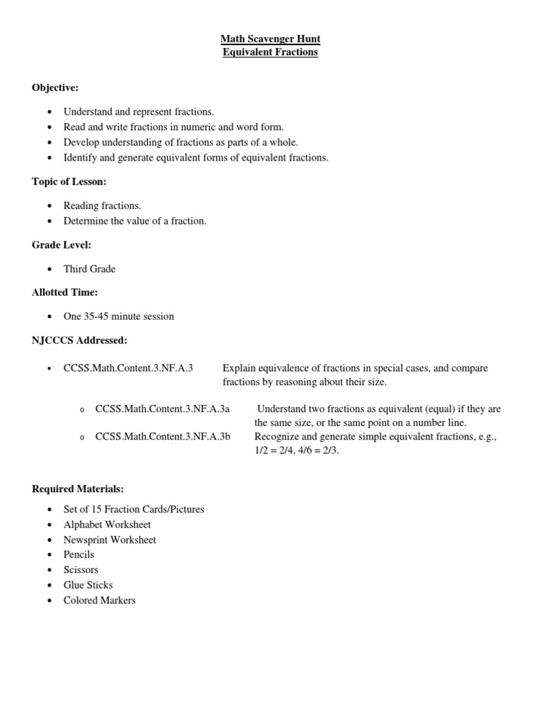 Math Scavenger Hunt: Equivalent Fractions | PDF
