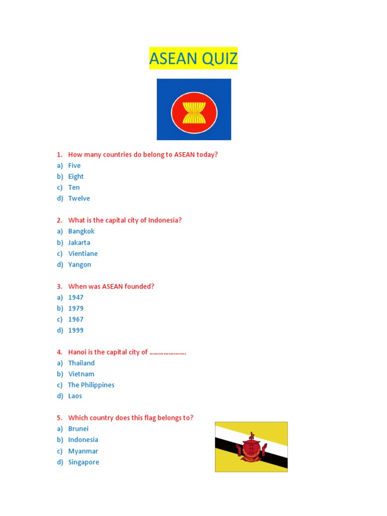 Asean Quiz | Association Of Southeast Asian Nations | Southeast Asia