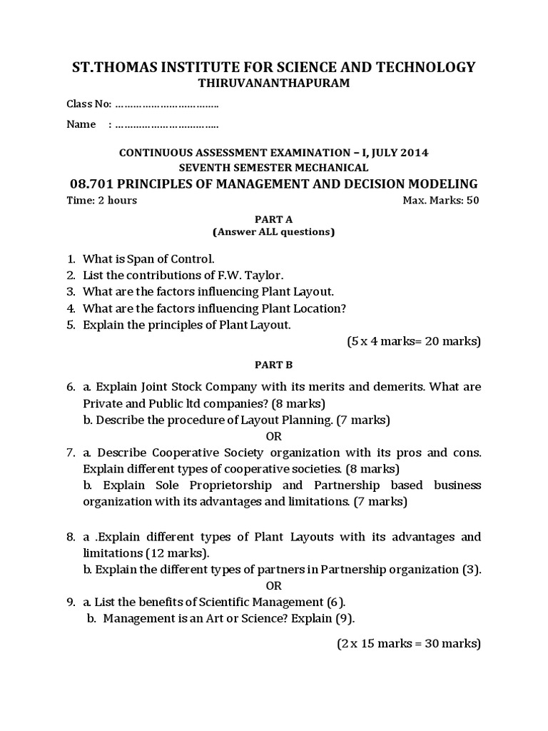 Principles of Management Series Test 1 Question Paper | PDF | Business ...