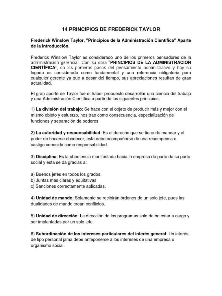 14 Principios de Frederick Taylor | PDF | Science | Ciencia filosófica