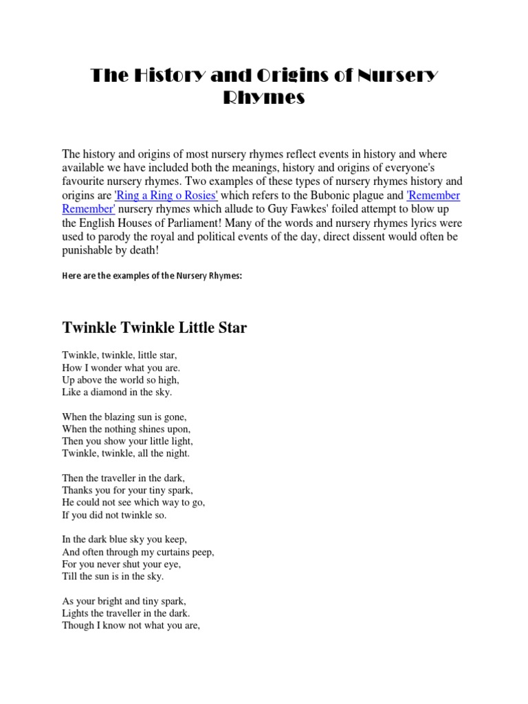 The History and Origins of Nursery Rhymes | PDF | Traditional Children ...