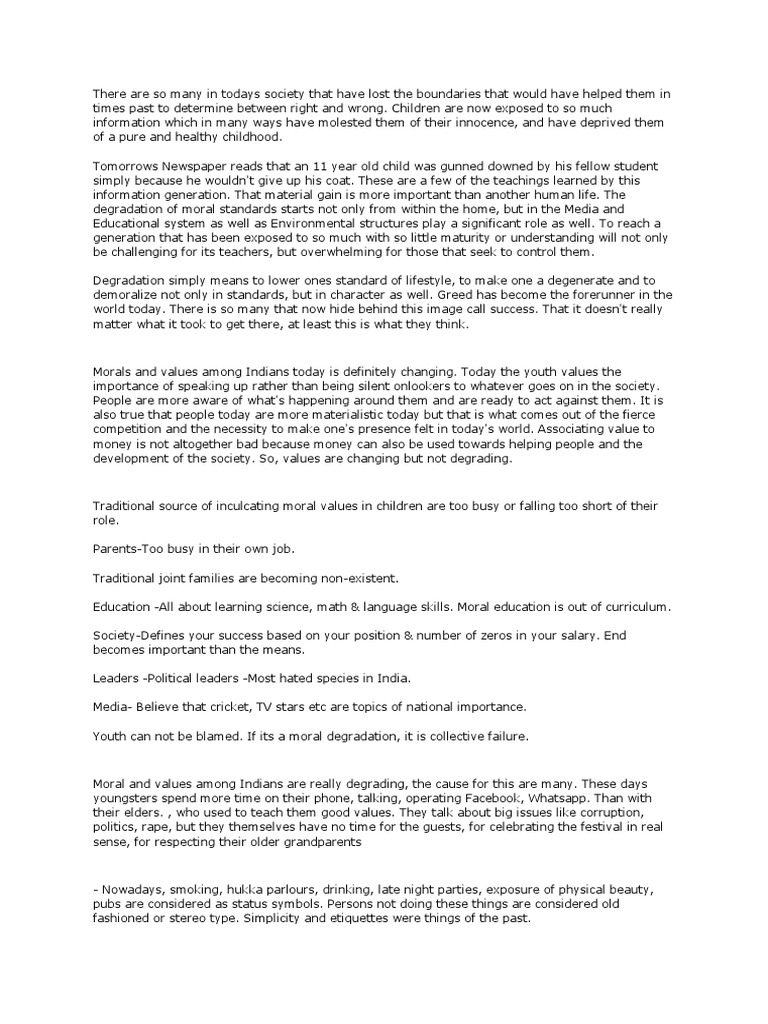 Morals And Values Among Indians Is Degenerating Pdf Value Ethics
