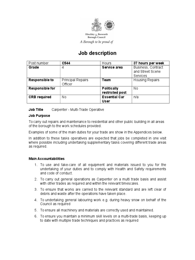 Job Description SHH502 Housing Repairs - Carpenter - Multi Trade ...