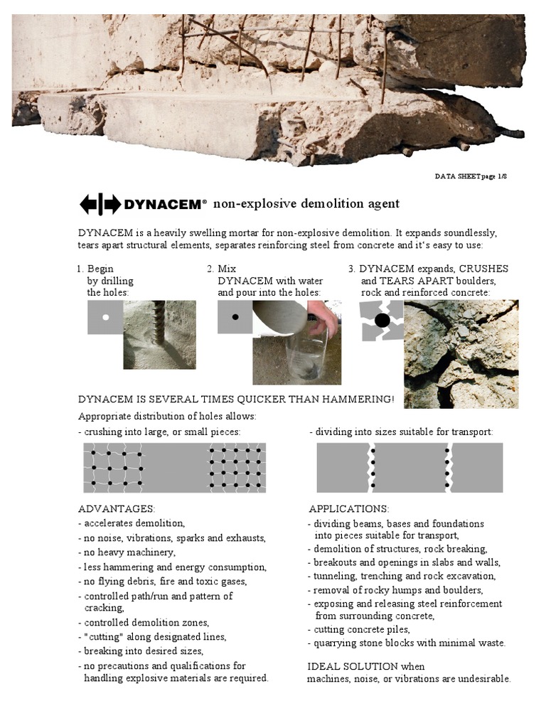 Non Explosive Demolition Agent Dynacem Data Sheet | Demolition | Drilling