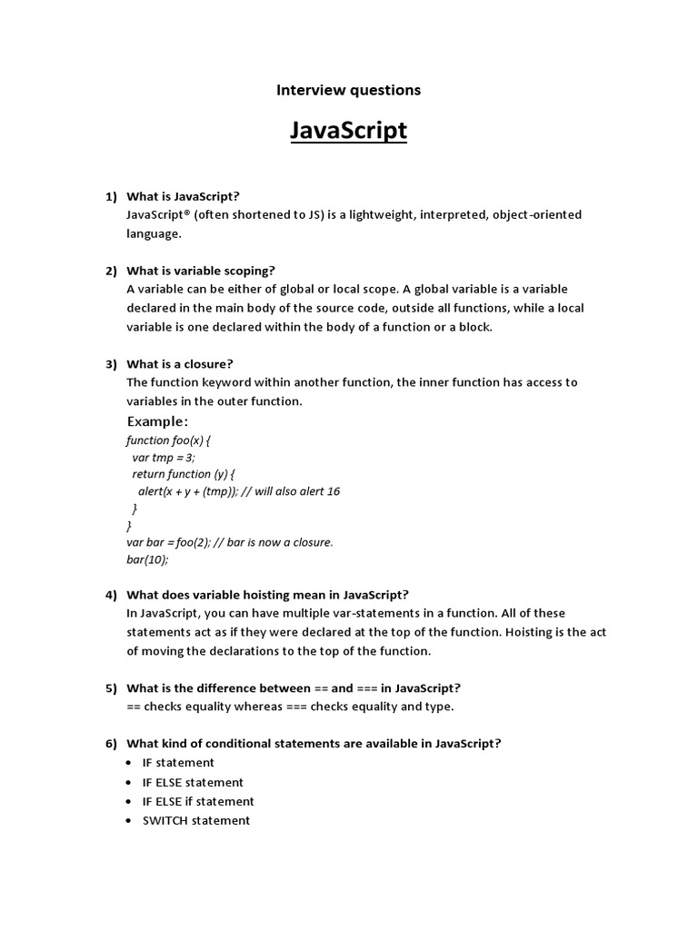 Javascript Interview Questions Pdf Subroutine Java Script