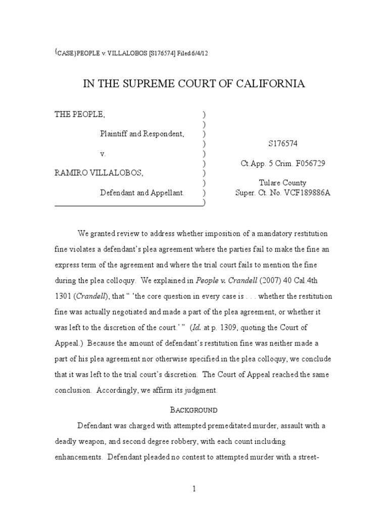 In The Supreme Court of California: (CASE) PEOPLE v. VILLALOBOS ...