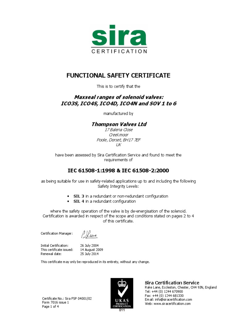 Maxseal Solenoid Valves SIL 3 Certification | PDF | Prevention | Safety