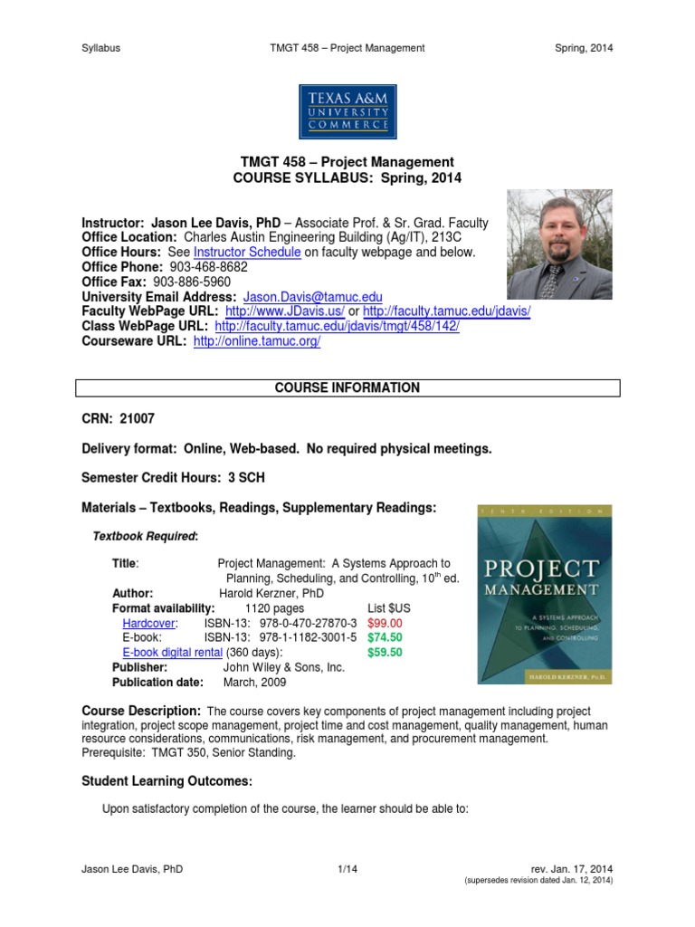 TMGT 458 - Project Management COURSE SYLLABUS: Spring, 2014 | PDF ...