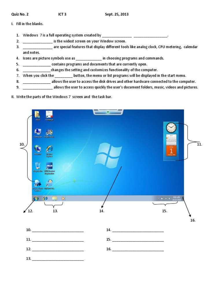 Windows 7 Desktop Parts Quiz | PDF