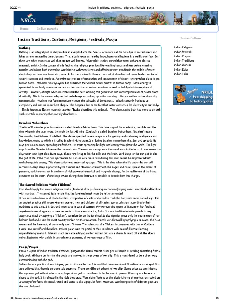 Indian Traditions, Customs, Religions, Festivals, Pooja | PDF | Bathing ...