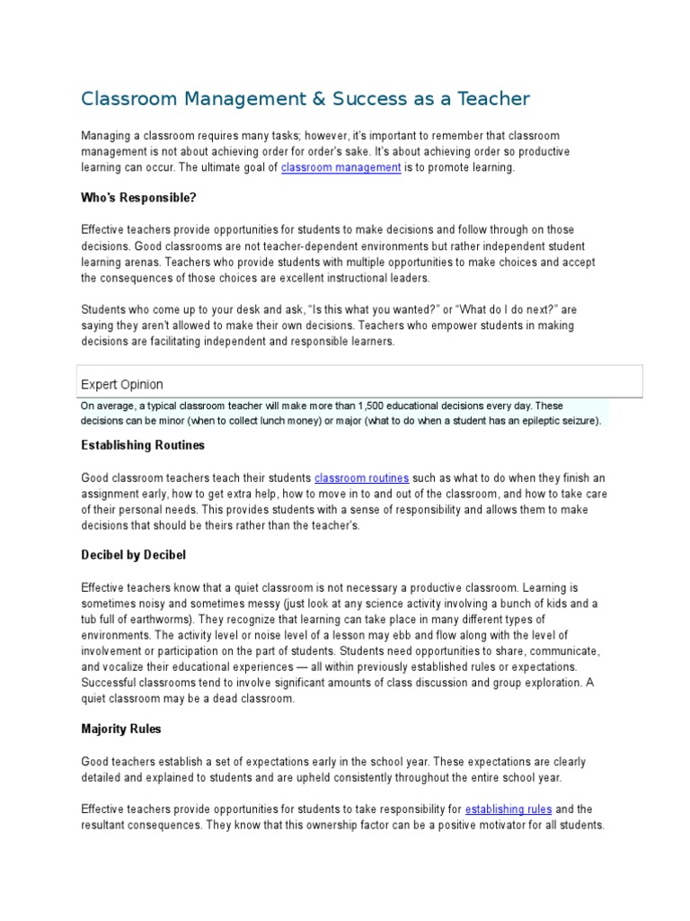 Classroom Management & Success As A Teacher: Who's Responsible? | PDF ...