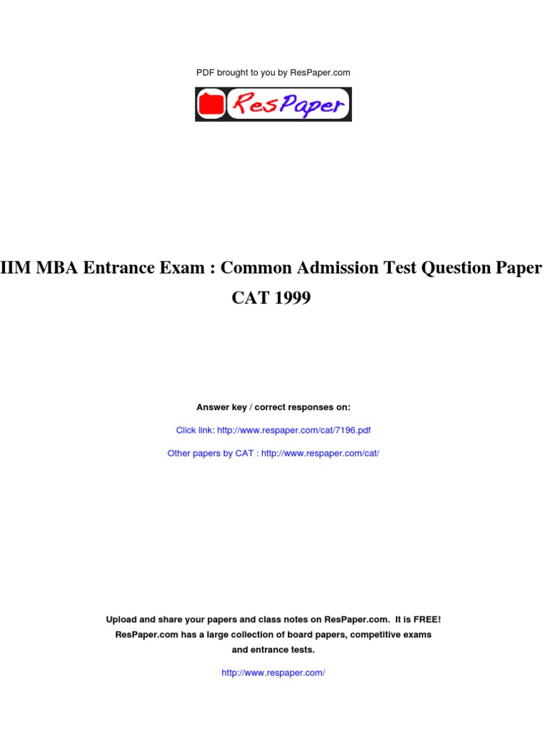 IIM MBA Entrance Exam: Common Admission Test Question Paper CAT 1999 ...