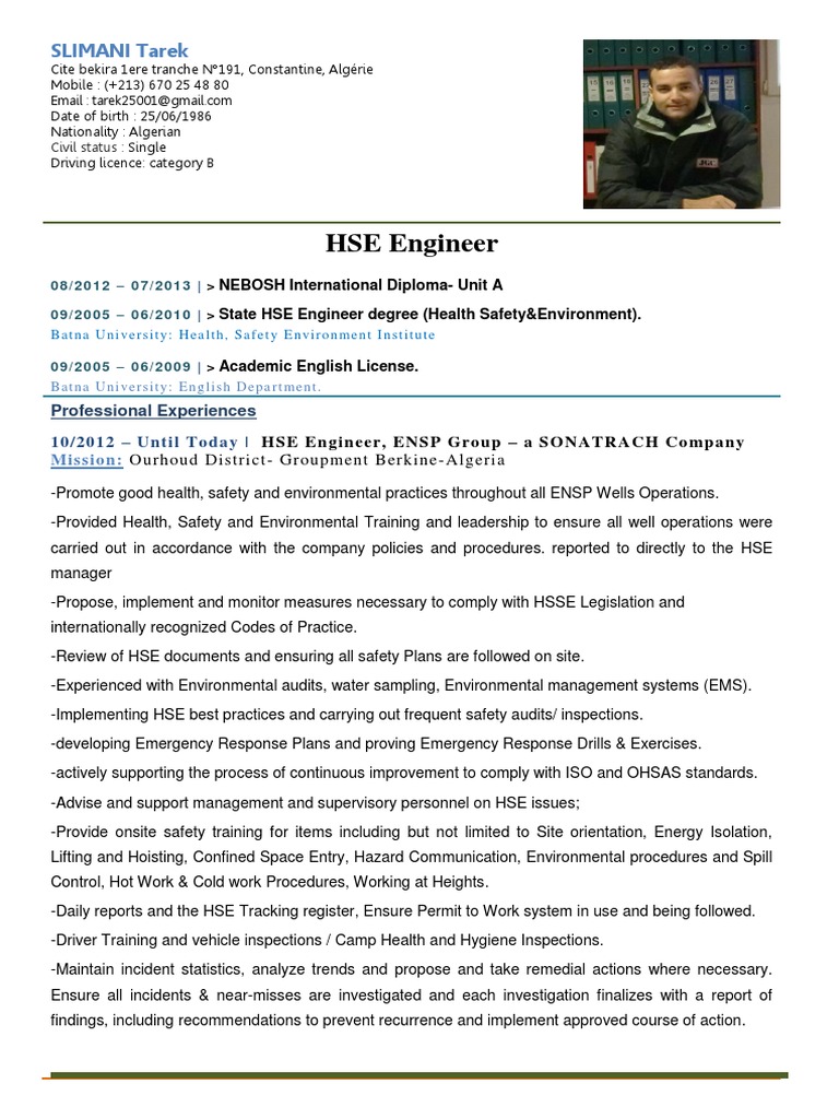 Update CV Hse Engineer Slimani | Safety | Personal Protective Equipment