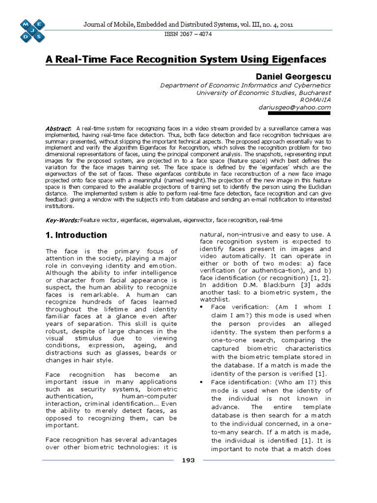 A Real-Time Face Recognition System Using Eigenfaces: Daniel Georgescu ...