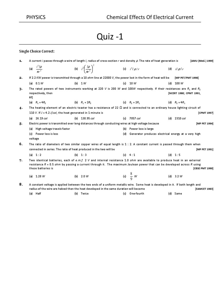 Quiz - 1: Physics Chemical Effects of Electrical Current | PDF ...